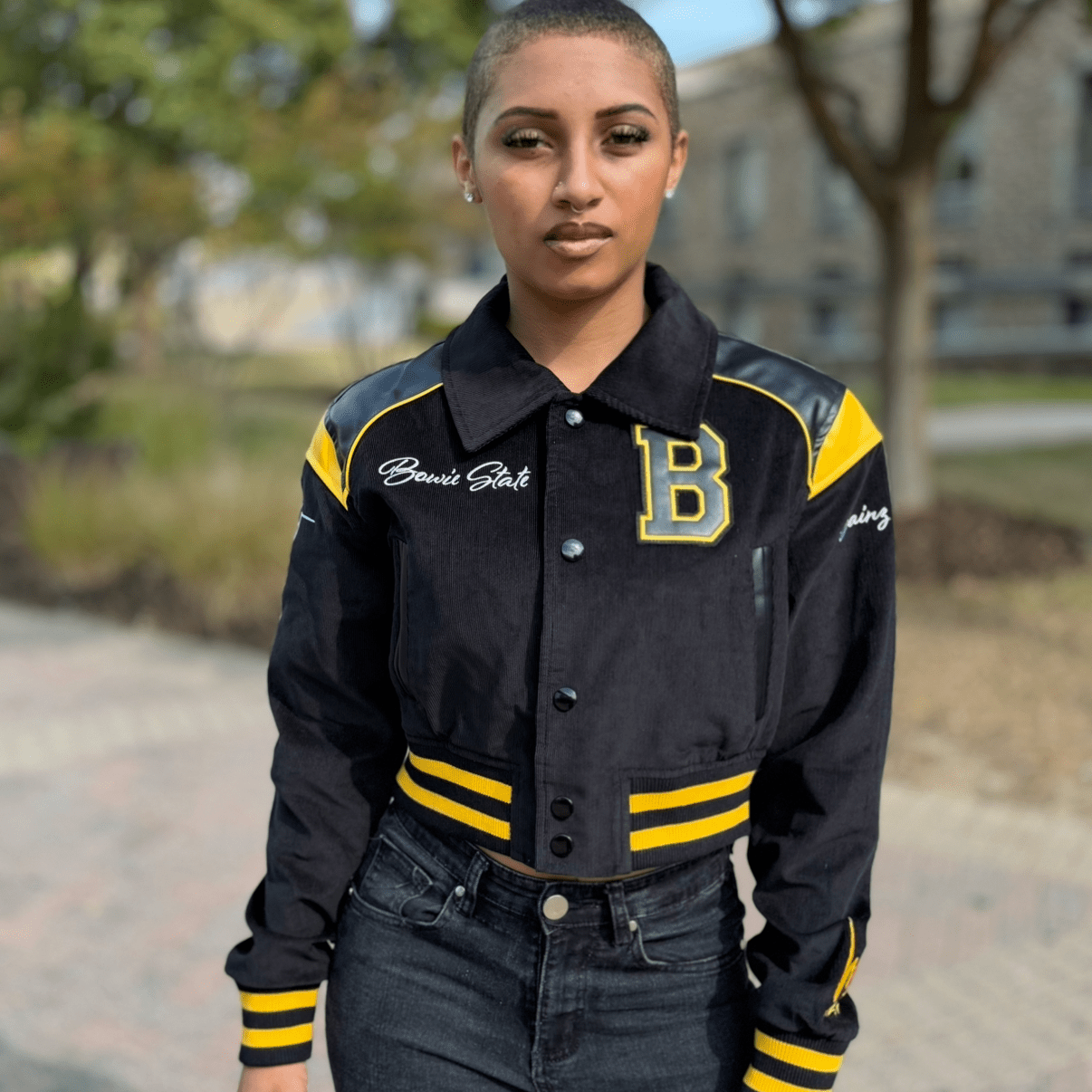 BOWIE STATE LEATHERROY CROP VARSITY JACKET (LADIES) | Gainz Sportsgear LLC.