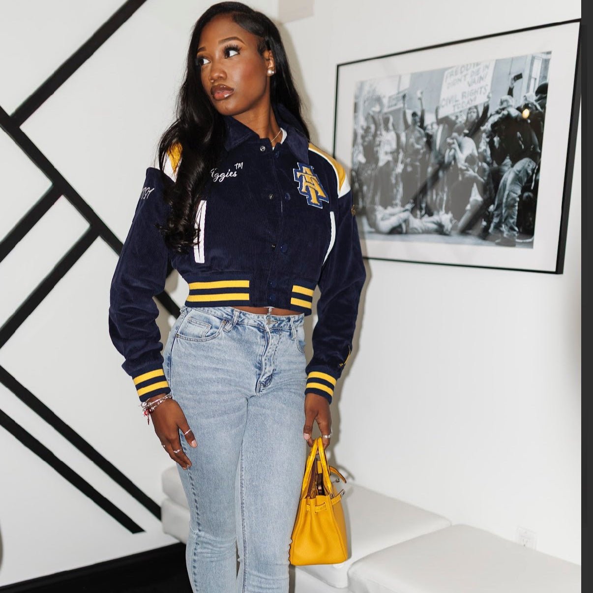 NORTH CAROLINA A&T LEATHERROY CROP VARSITY JACKET (LADIES) | Gainz ...